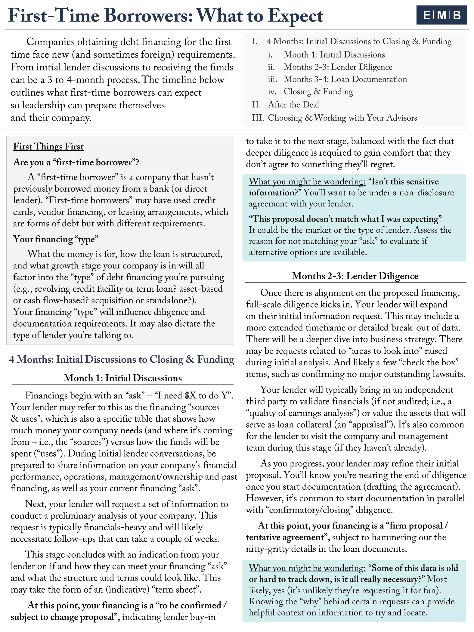 EMB Advisory – First-Time Borrowers – What to Expect – EMB Advisory